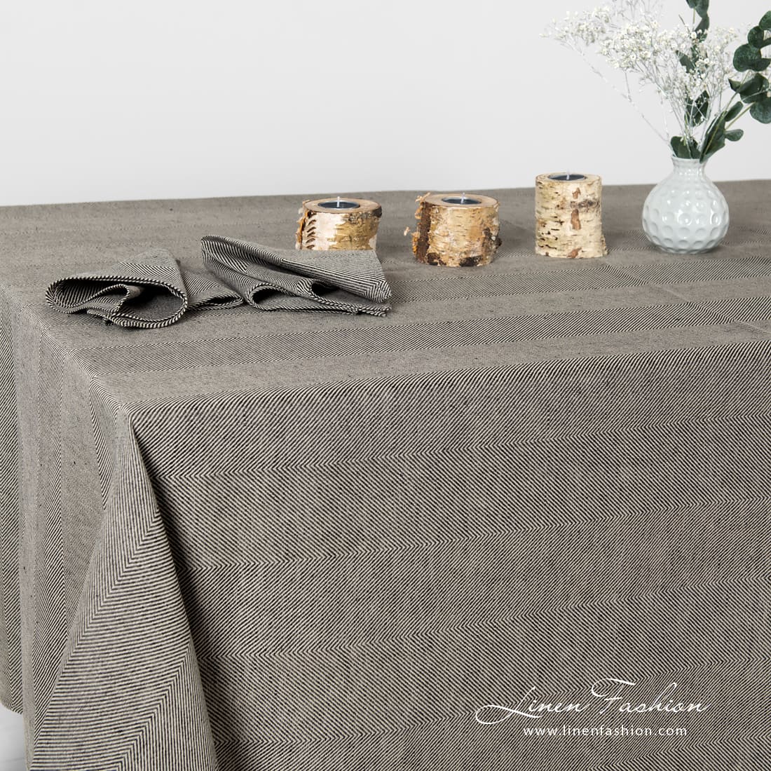 Grey Linen Cotton Herringbone Tablecloth