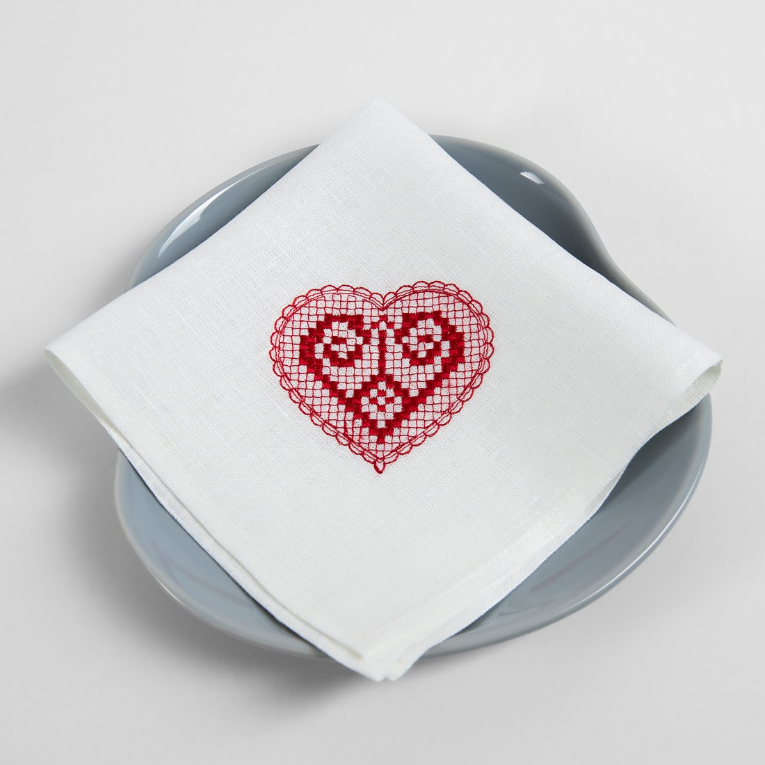 White Linen Napkin With Red Heart Embroidery